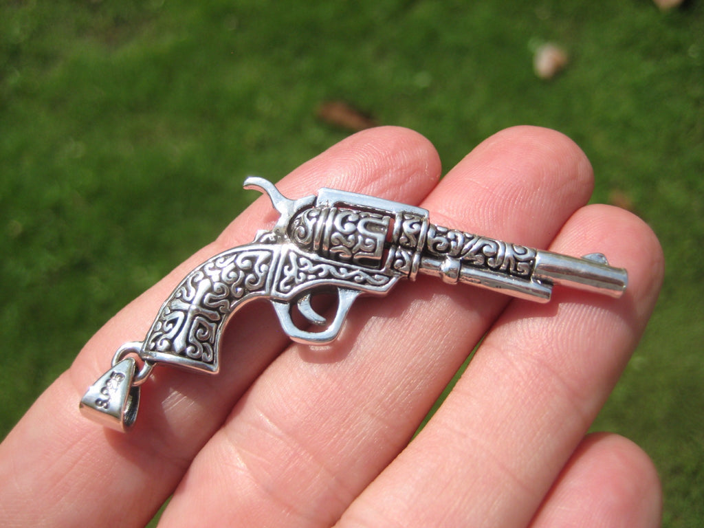 925 Fancy Silver Gun Revolver Pendant Pentacle necklace jewelry Art A2 ...